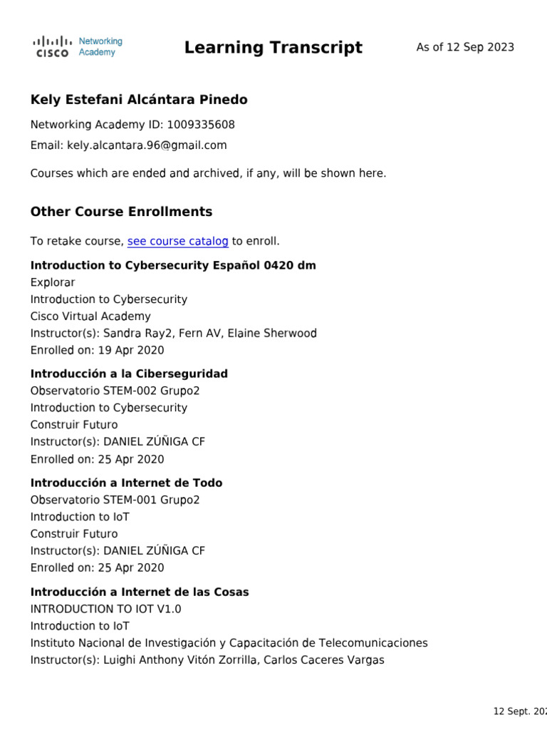 NetAcad Learning Transcript | PDF | Informática
