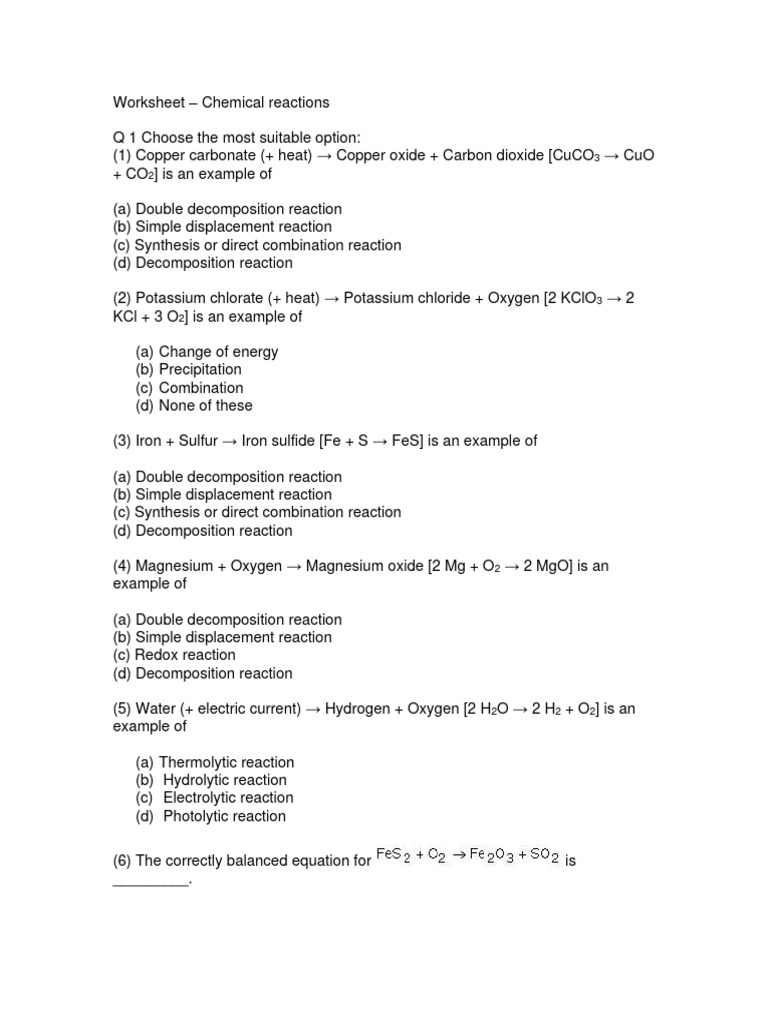 Worksheet - Chemical Reaction | PDF