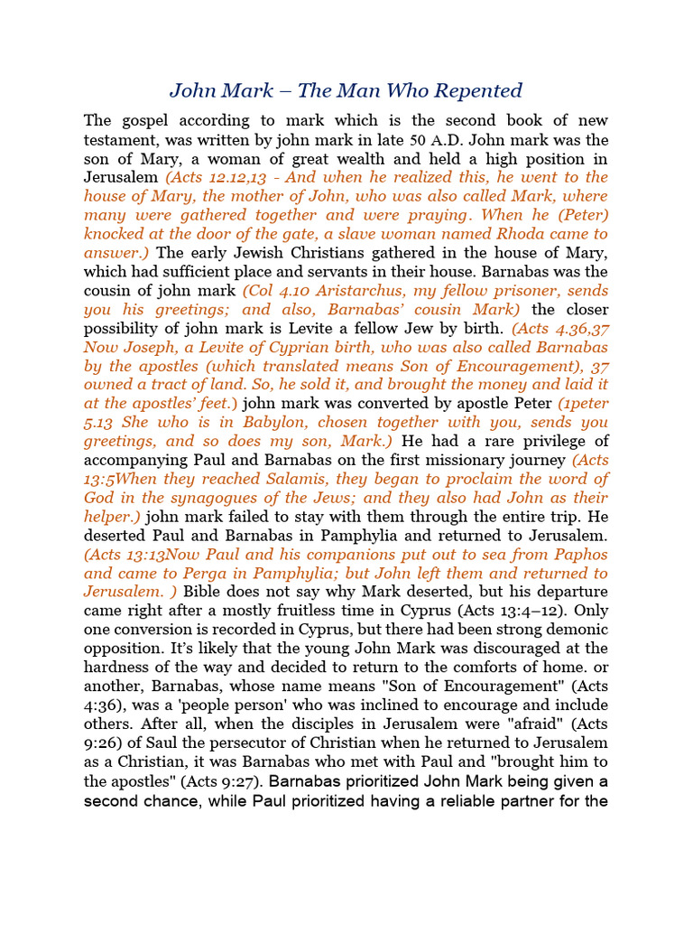 John Mark | Download Free PDF | Barnabas | Paul The Apostle