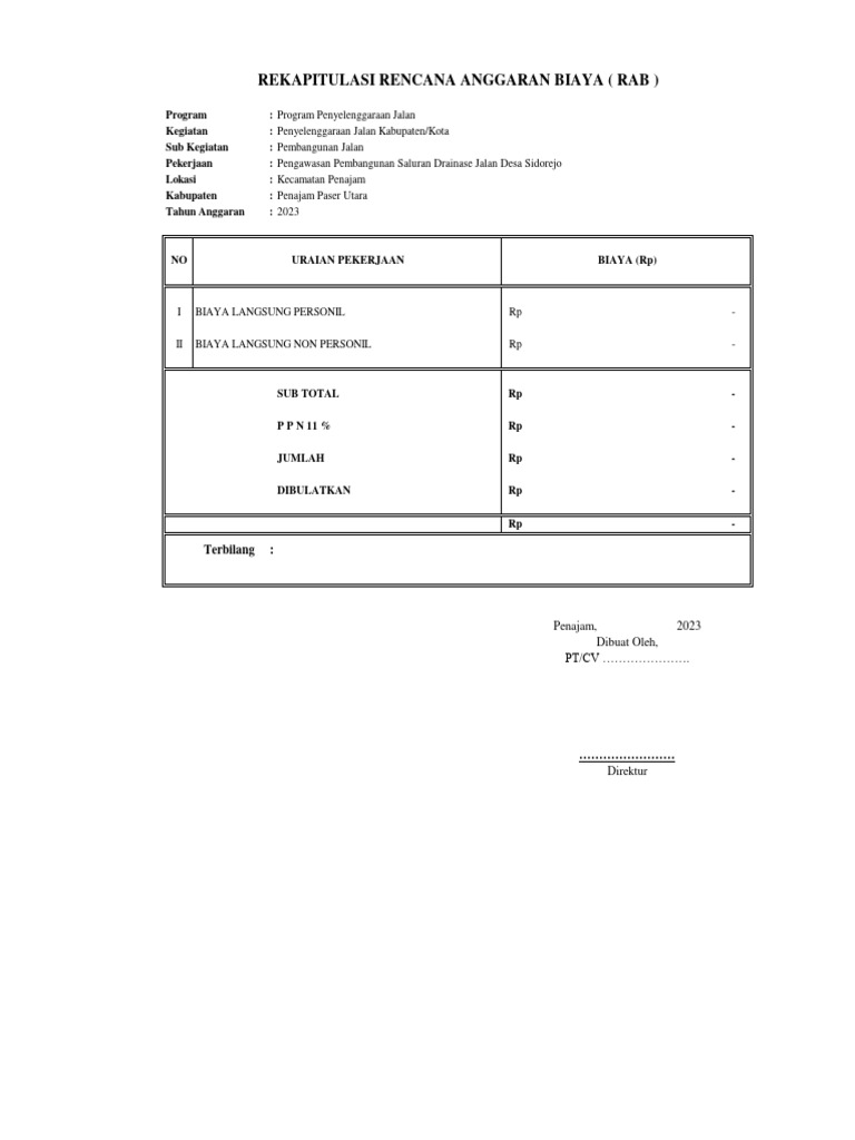 Boq Pengawasan Pembangunan Saluran Drainase Jalan Desa Sidorejo | PDF