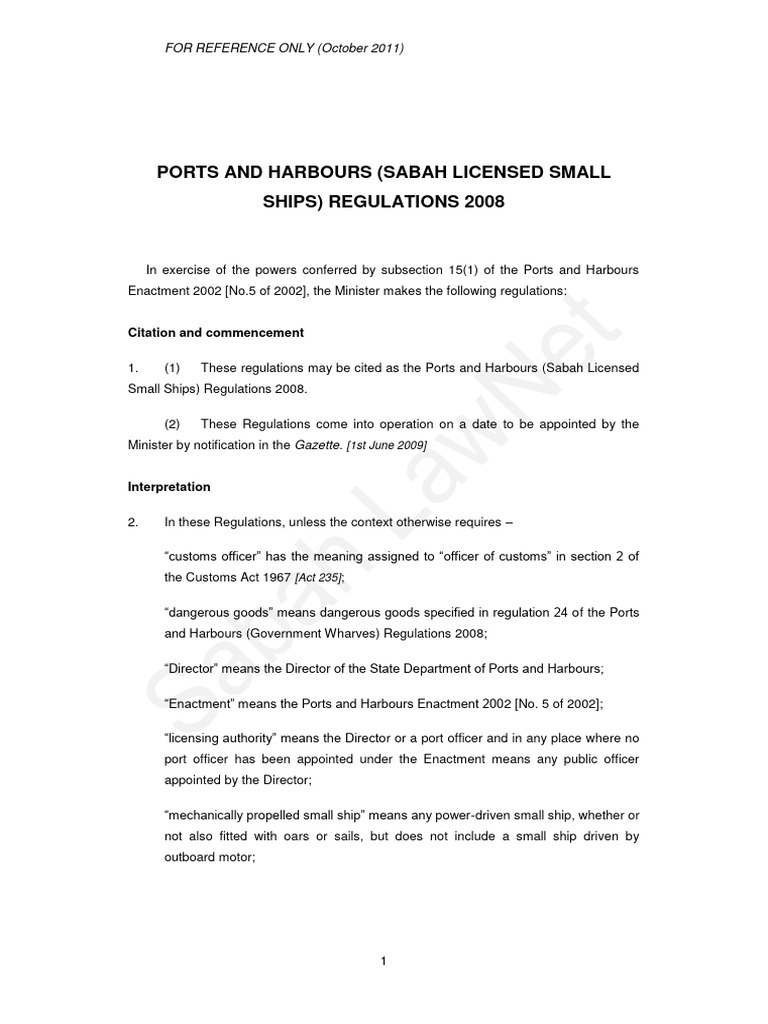 PortsAndHarbours (SabahLicensedSmallShips) Regulations2008 | PDF ...