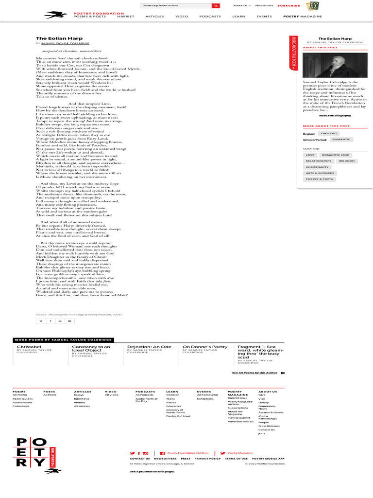 The Eolian Harp by Samuel Taylor Coleridge Poetry Foundation | PDF ...