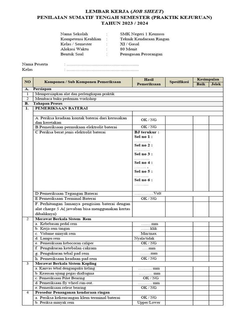 Lembar Kerja Pts Xi Tkr Gasal 2023 | PDF