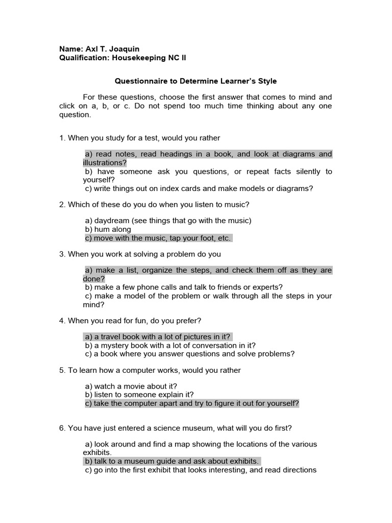 VICTORIANO PTS 1 Questionnaire To Determine Learners Style | PDF ...