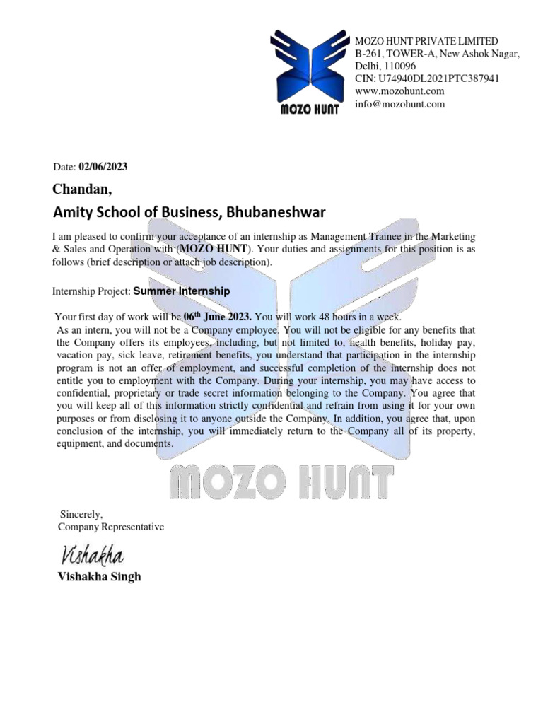Internship Confirmation at Mozo Hunt | PDF