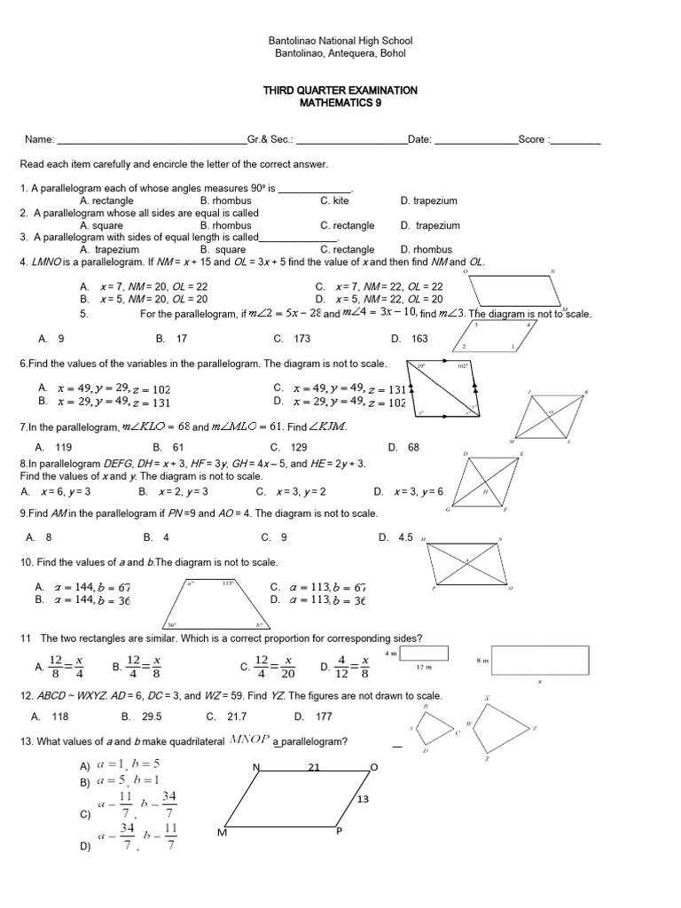 3rd QE Math 9 | PDF | Rectangle | Geometry