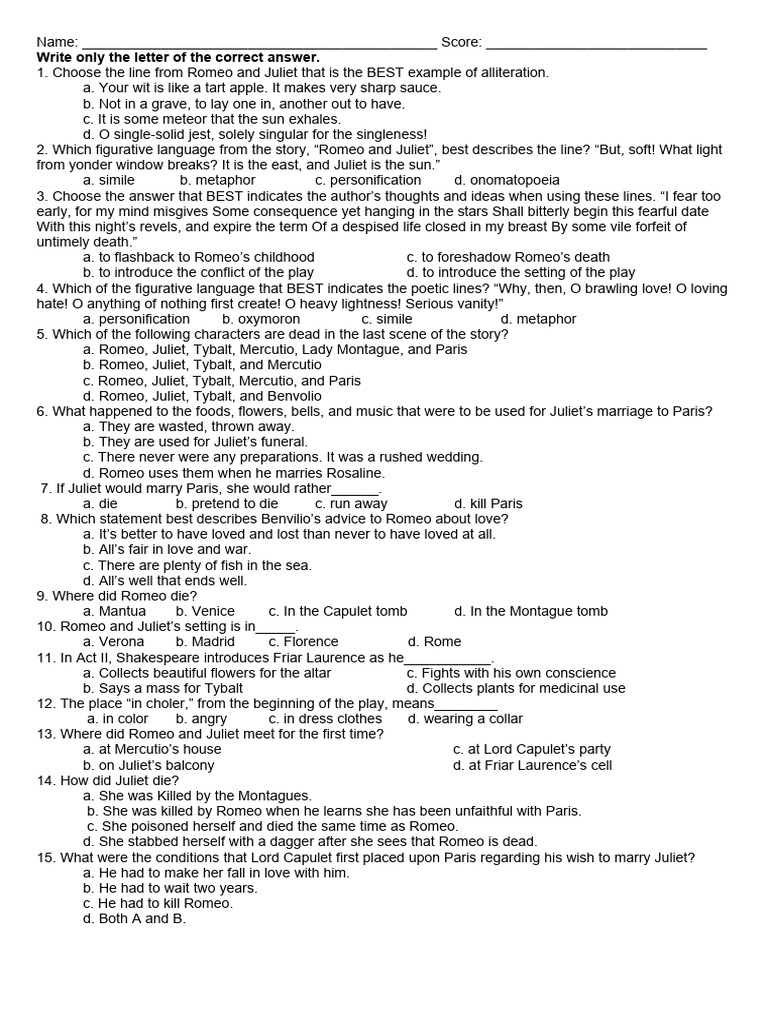 Pre Test Romeo and Juliet | PDF | Characters In Romeo And Juliet ...
