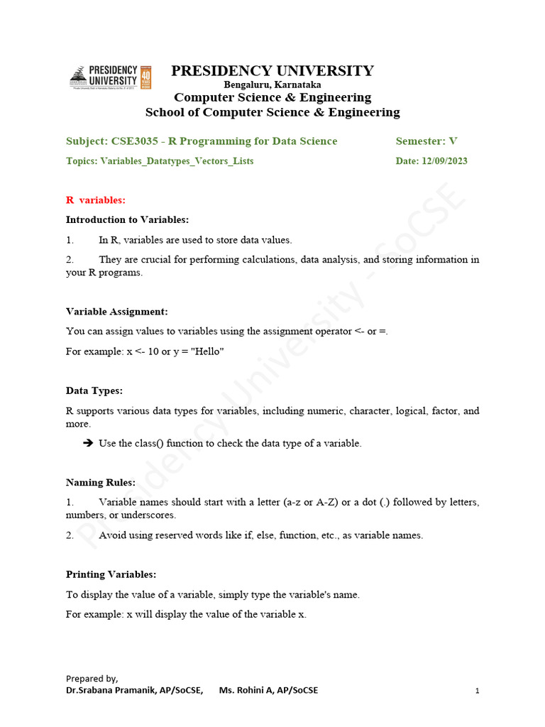 R Programming Variables Datatypes Vectors Lists Notes | Download Free ...