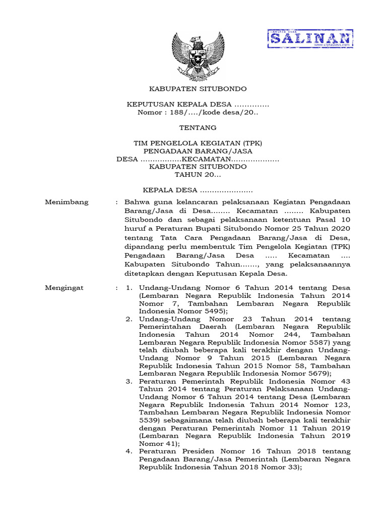 Contoh SK TPK PBJ Desa | PDF