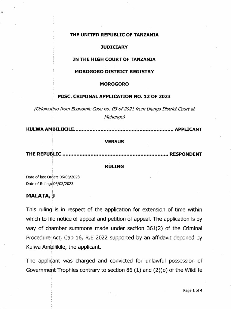Kulwa Ambilikile Vs Republic (Misc Criminal Application No 12 of 2023) 2023 TZHC 16098 (6 March ...
