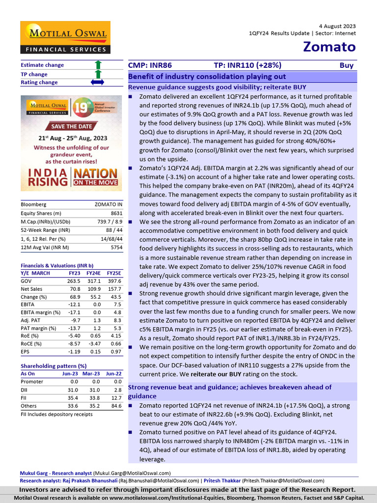 Zomato Q1 FY24 Performance Review | PDF | Expense | Valuation (Finance)