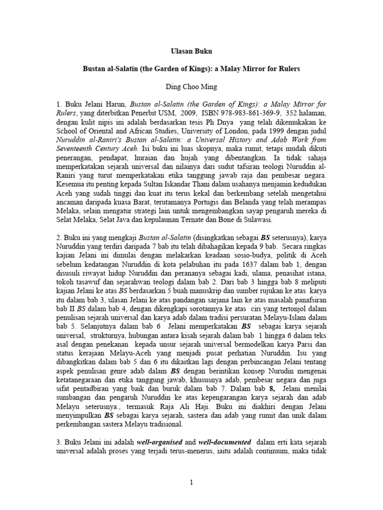 Analisis Bustan al-Salatin dalam Sejarah Melayu | PDF