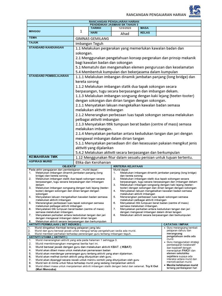 RPH Minggu 1 Pendidikan Jasmani THN 3 2023 by Cikgu Gorgeous | PDF