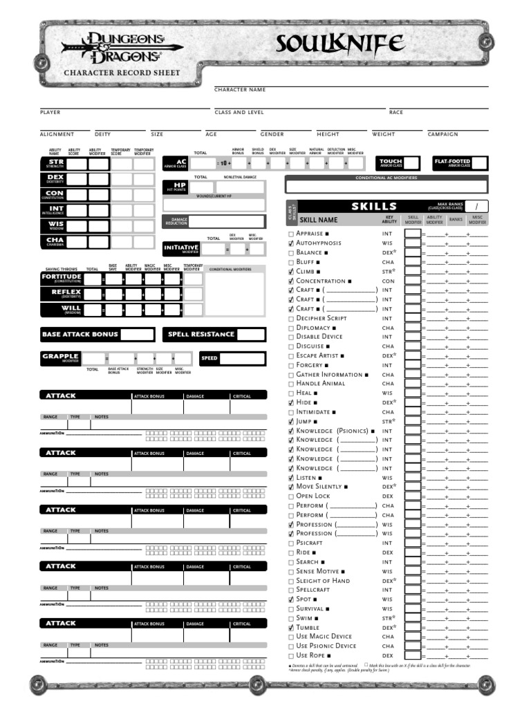 Character Sheet - Soulknife v3.5 | PDF | Tsr (Company) Games | Fantasy ...