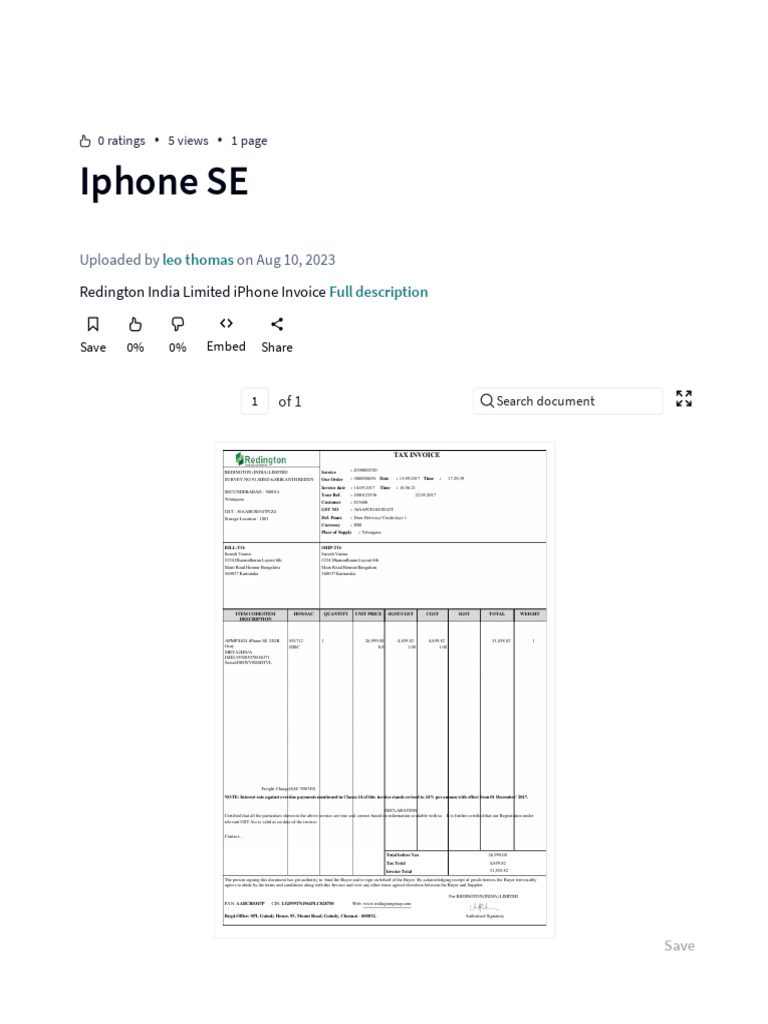 iPhone SE Invoice from Redington India | PDF | Invoice | Taxes