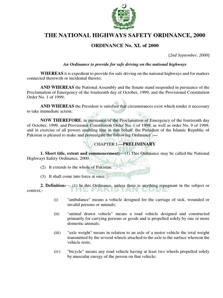 National Highway Safety Ordinance 2000 | PDF | License | Road