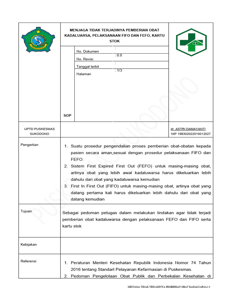 Sop Menjaga Tidak Terjadinya Pemberian Obat Kadaluarsa, Pelaksanaan ...
