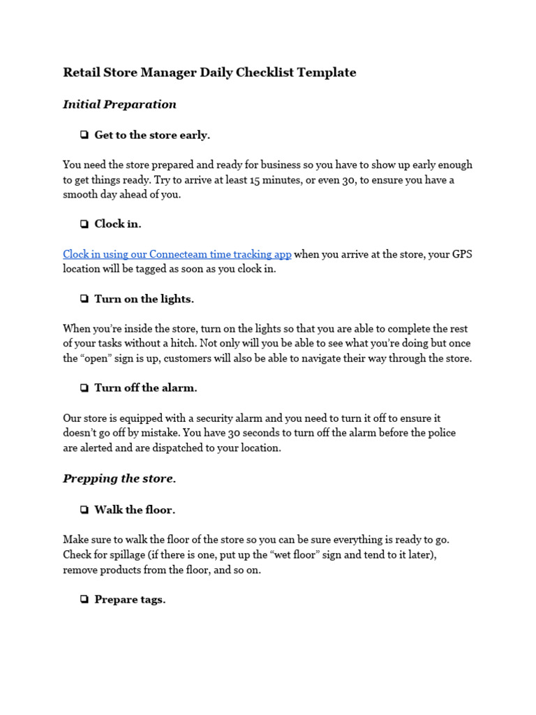 Retail Store Manager Daily Checklist Template | PDF | Finance & Money ...