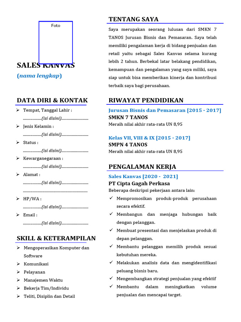 Contoh CV Sales Kanvas Profesional | PDF | Pengelolaan Keuangan & Uang
