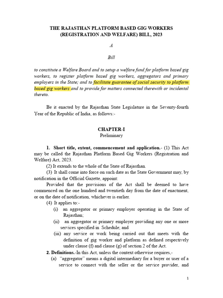Rajasthan Gig Workers Welfare Act 2023 | PDF | Justice | Crime & Violence