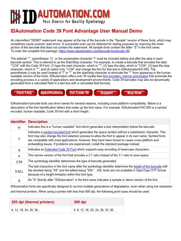 IDAutomation Code 39 Font Guide | PDF | Barcode | Written Communication