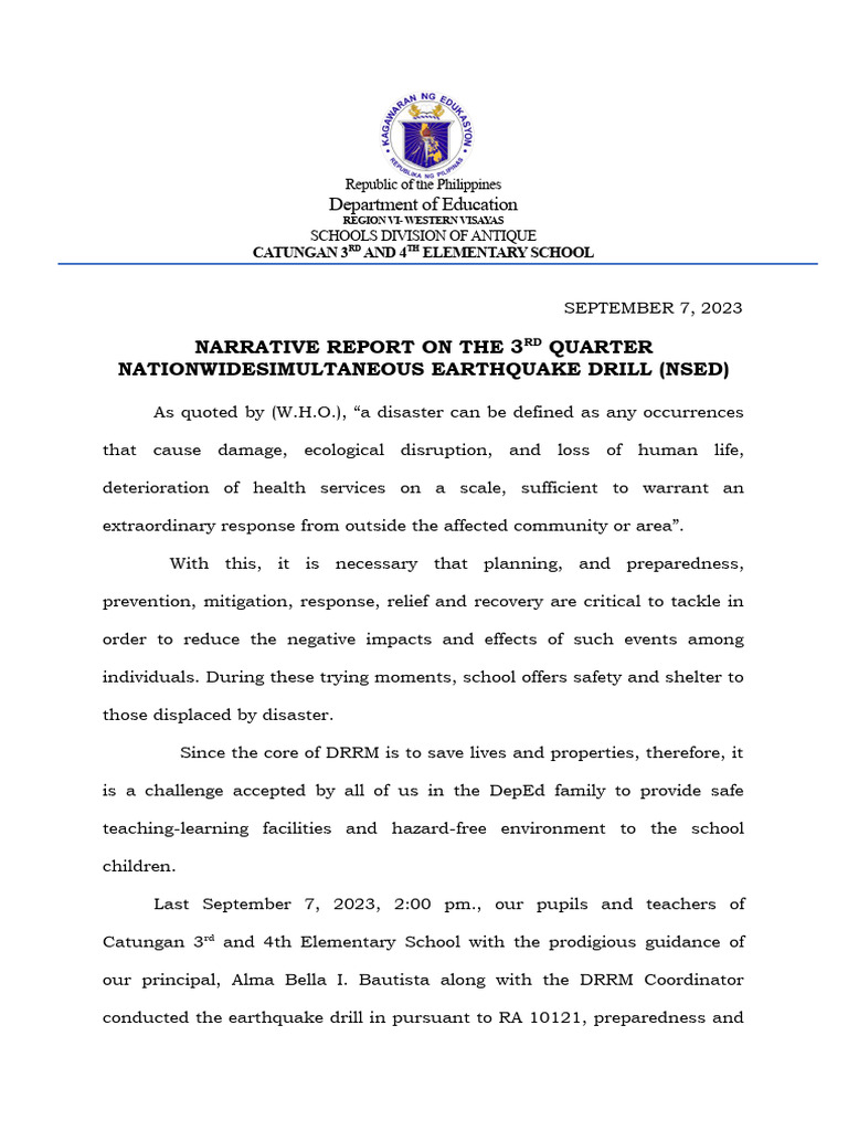 NSED Earthquake Drill Report 2023 | PDF | Emergency Management | Safety