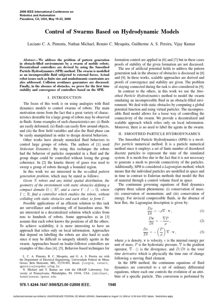 Control of Swarms Based On Hydrodynamic Models | PDF | Continuum Mechanics | Mathematical Analysis
