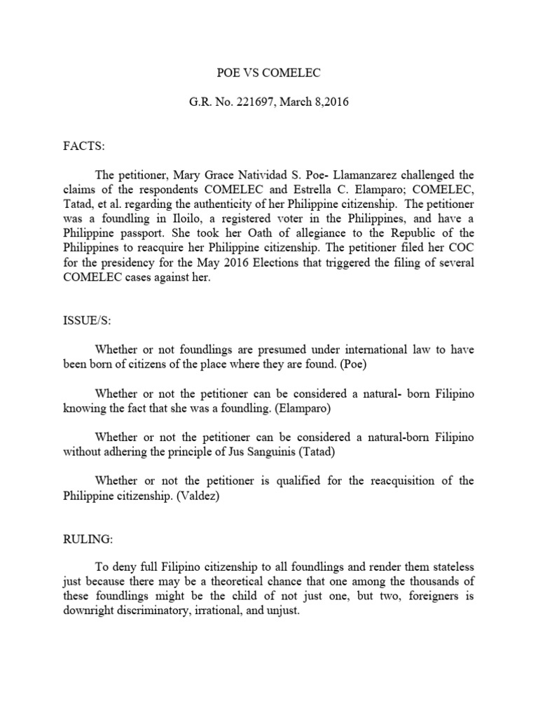 POE VS COMELEC - MY 1st CASE DIGEST | PDF | Citizenship | Commission On ...