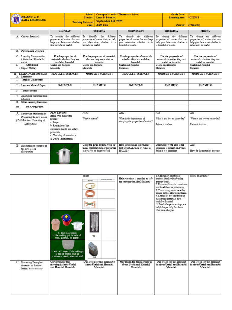 DLL WEEK 1 SCIENCE gr.5 | PDF | Hardness | Ductility