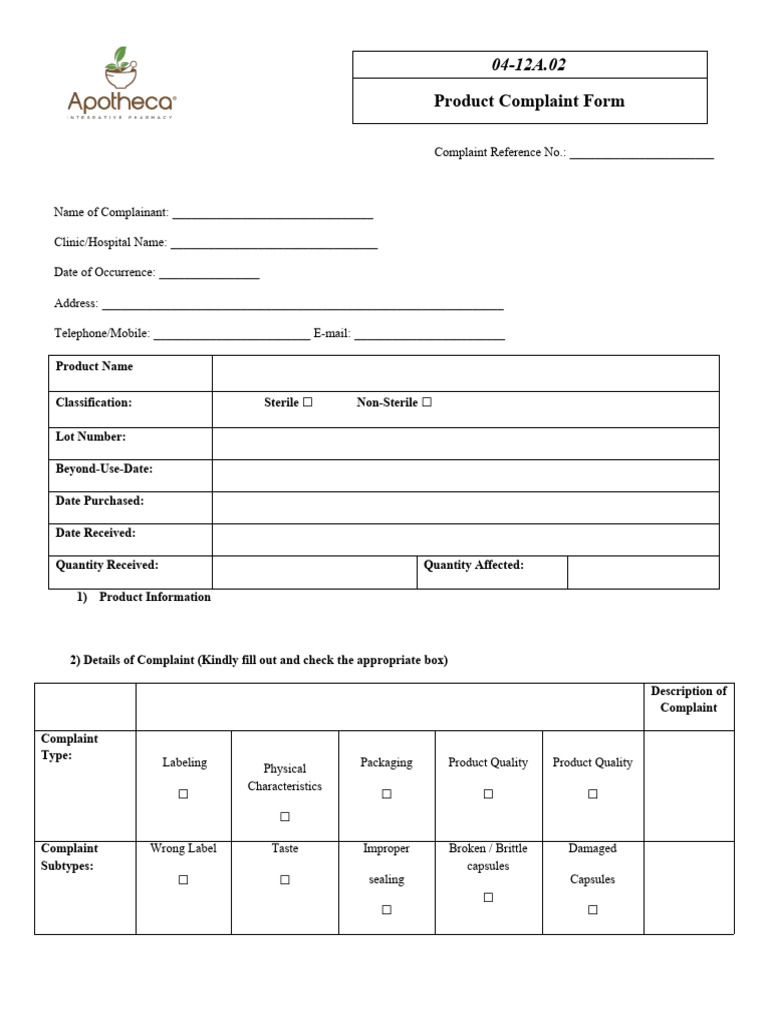 PRODUCT COMPLAINT Form 2023 | PDF
