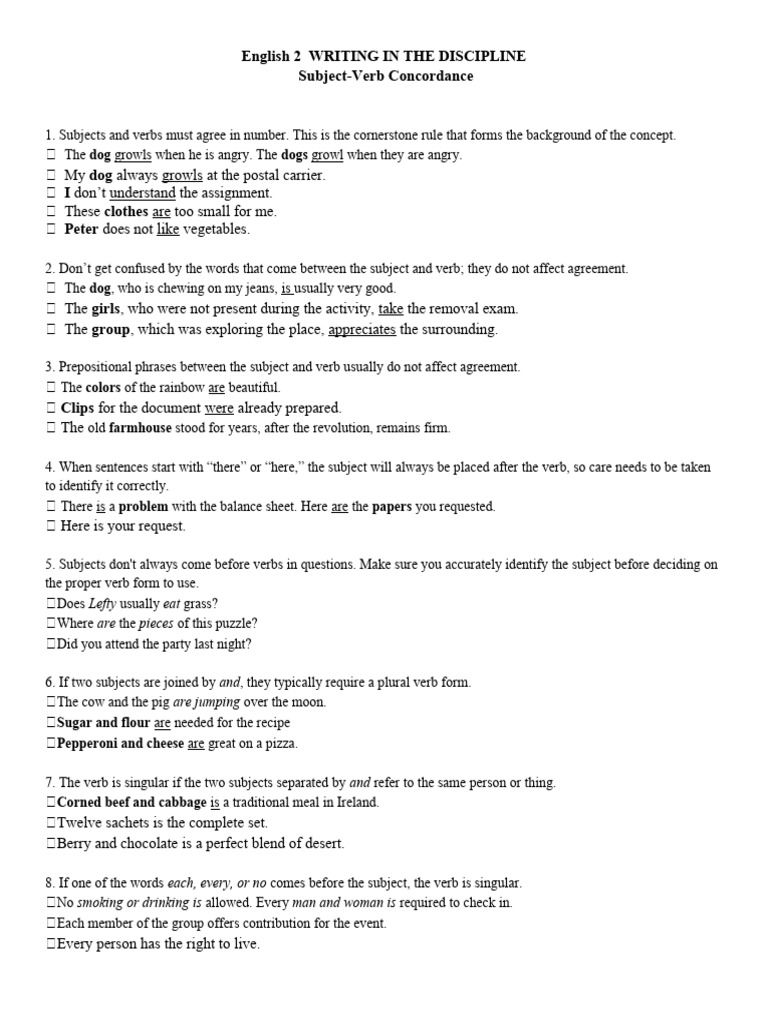 Subject Verb Concordance HANDOUT | PDF | Grammatical Number | Subject ...