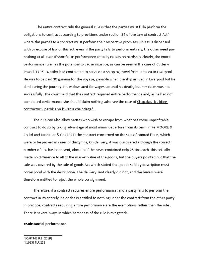 Entire Performance in Contract Law | PDF | Breach Of Contract | Lease