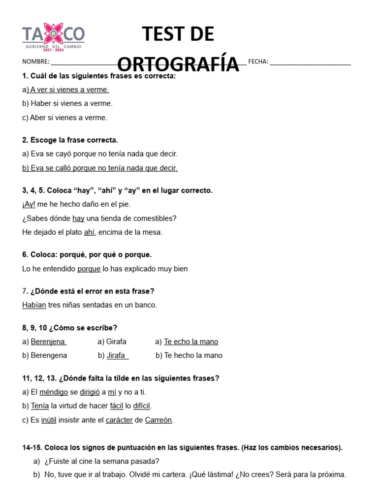 Test de Ortografía | PDF