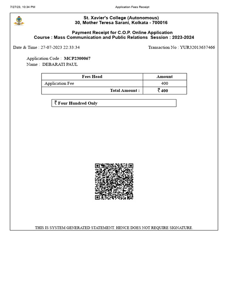 Application Fees Receipt SXI | PDF