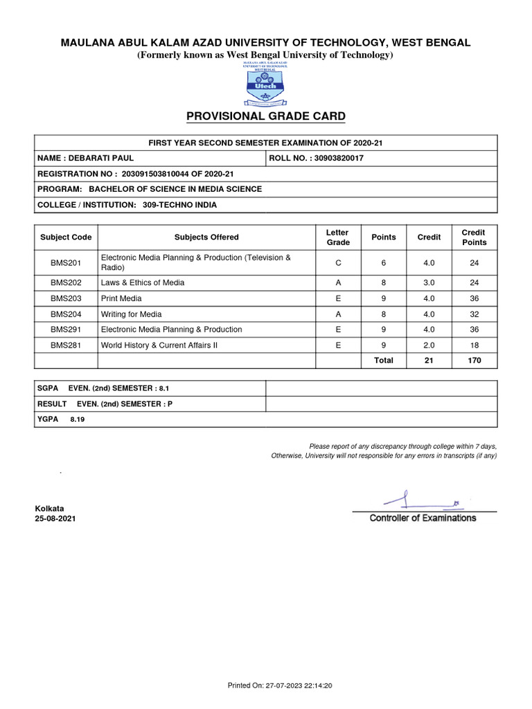 Provisional Grade Card: Maulana Abul Kalam Azad University of ...
