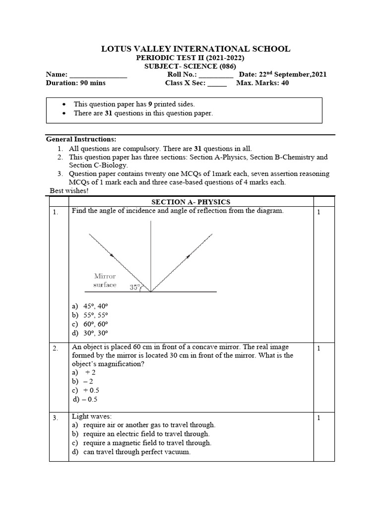 Class 10 Science Periodic Test II 2021 | PDF | Redox | Refraction