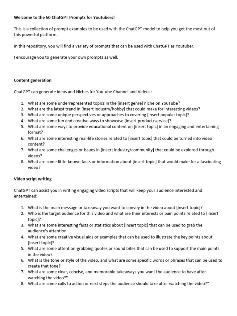 50 ChatGPT Prompts for YouTubers | PDF | You Tube | Human Communication