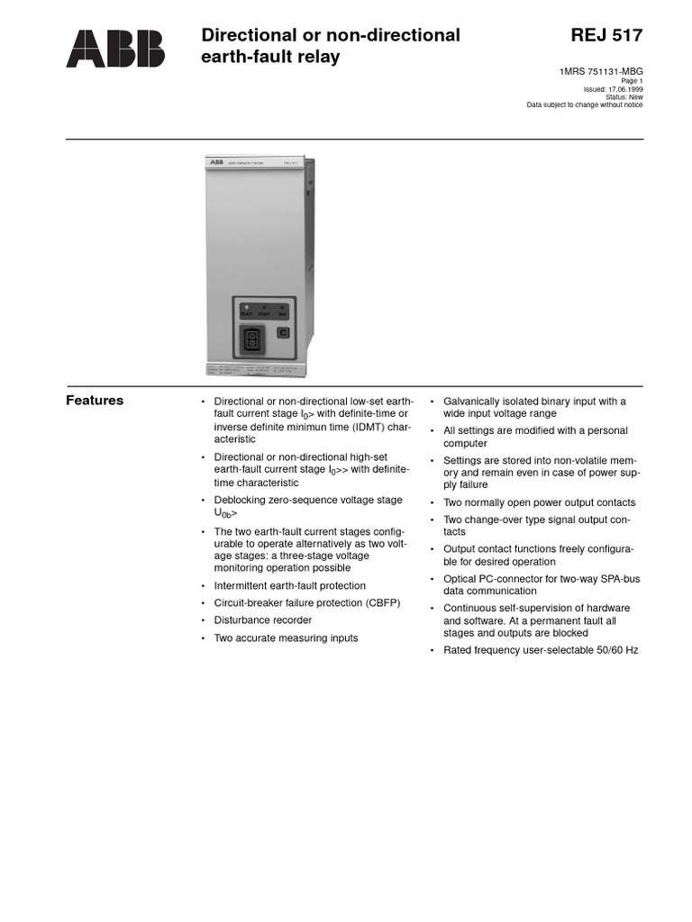 ABB Directional Earth Fault Relay REJ 517 | PDF | Relay ...
