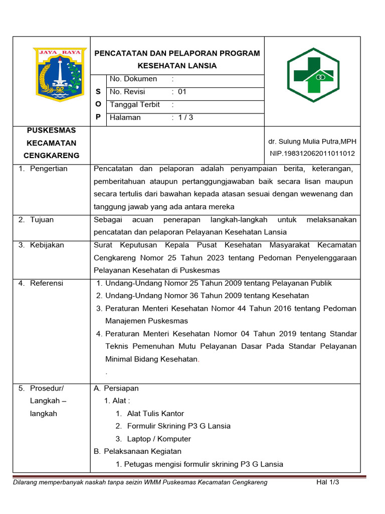 SOP Pencatatan Dan Pelaporan Lansia 2023 | PDF