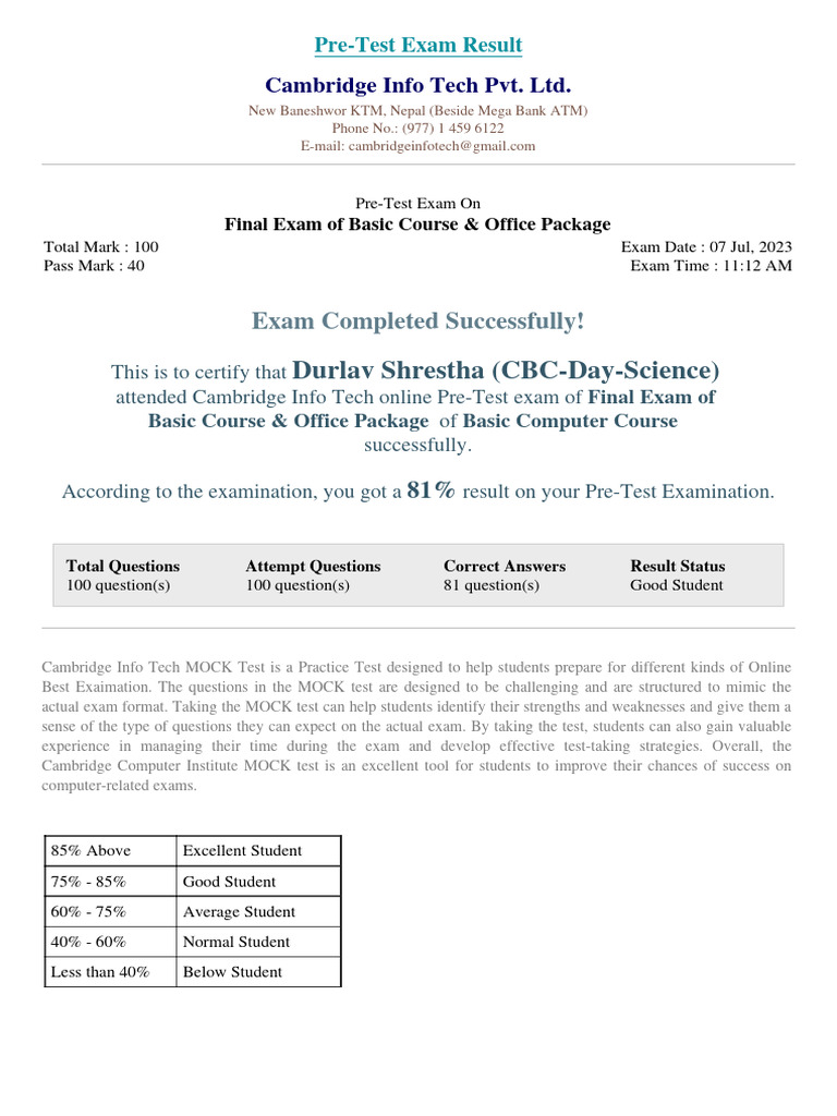 Cambridge IT Pre-Test Exam Result | PDF | Computers