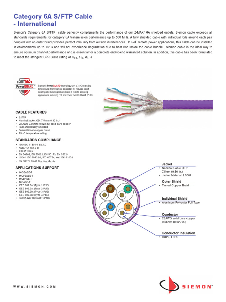Siemon Category 6a S FTP Cable International - Spec Sheet | PDF ...
