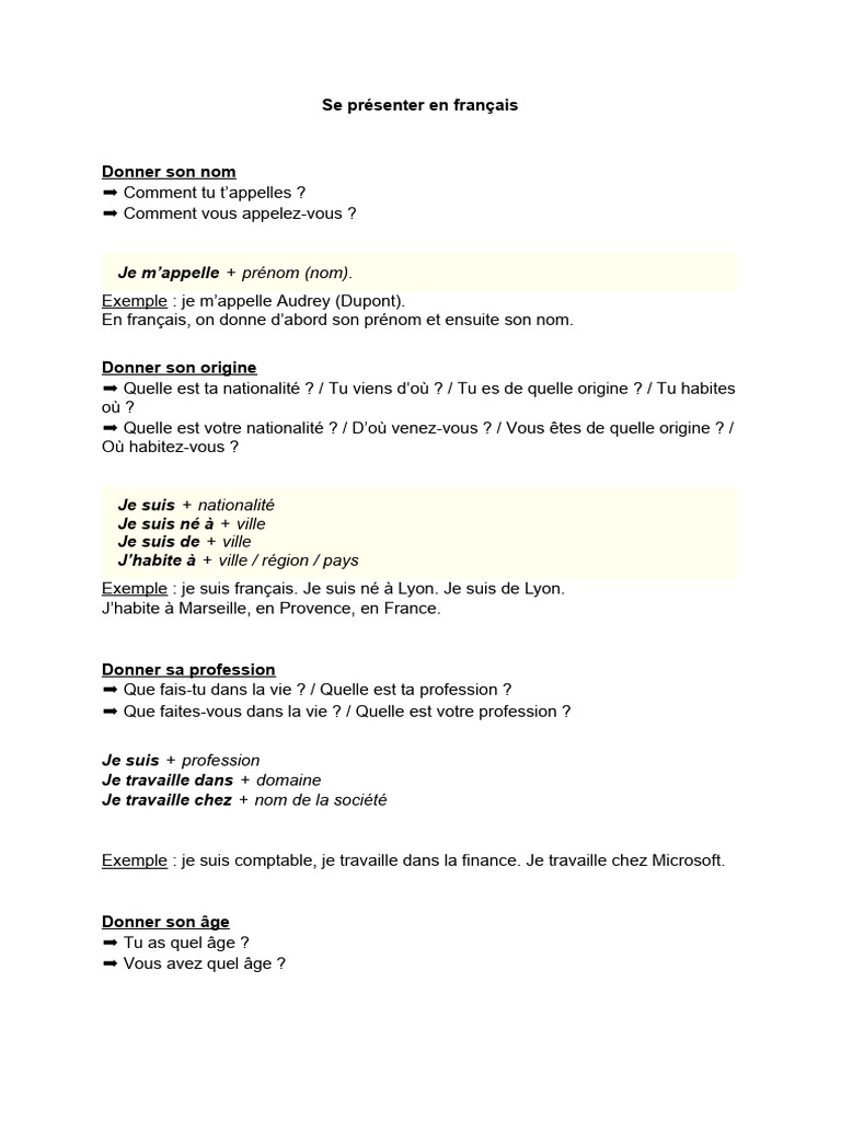 Guide pour se présenter en français | PDF