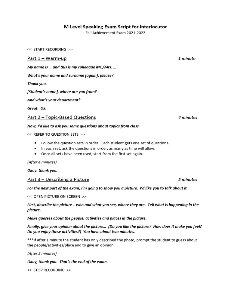 Fall Speaking Exam 2021-2022 - Interlocutor Script - M Level | PDF