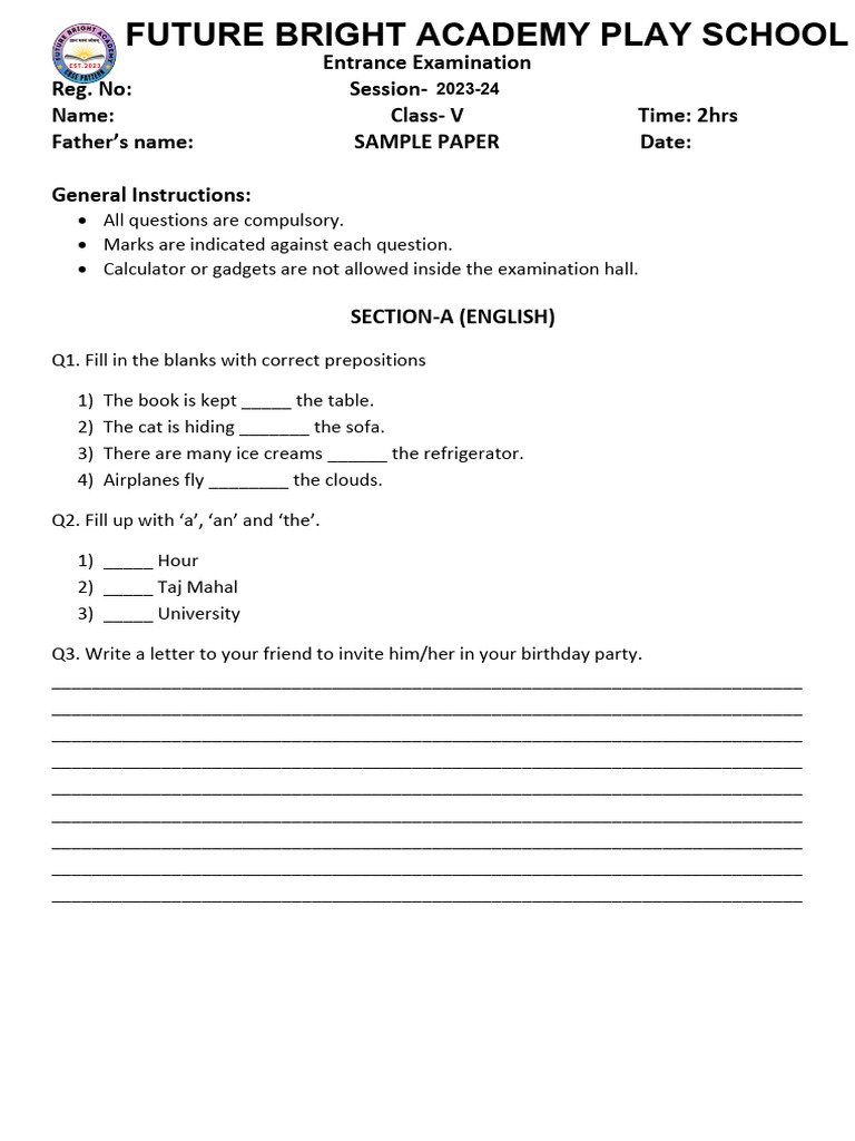 Class 5 Admission Test Sample Paper | PDF | Soil | Egg White
