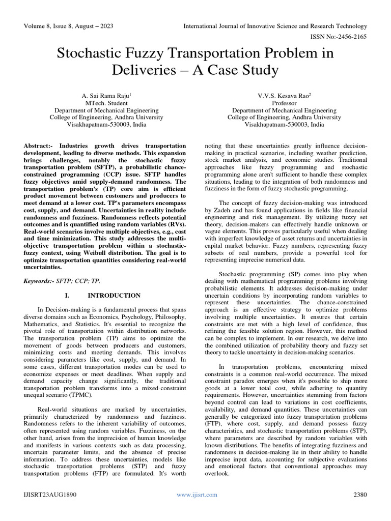 Stochastic Fuzzy Transportation Problem in Deliveries - A Case Study | PDF | Uncertainty ...