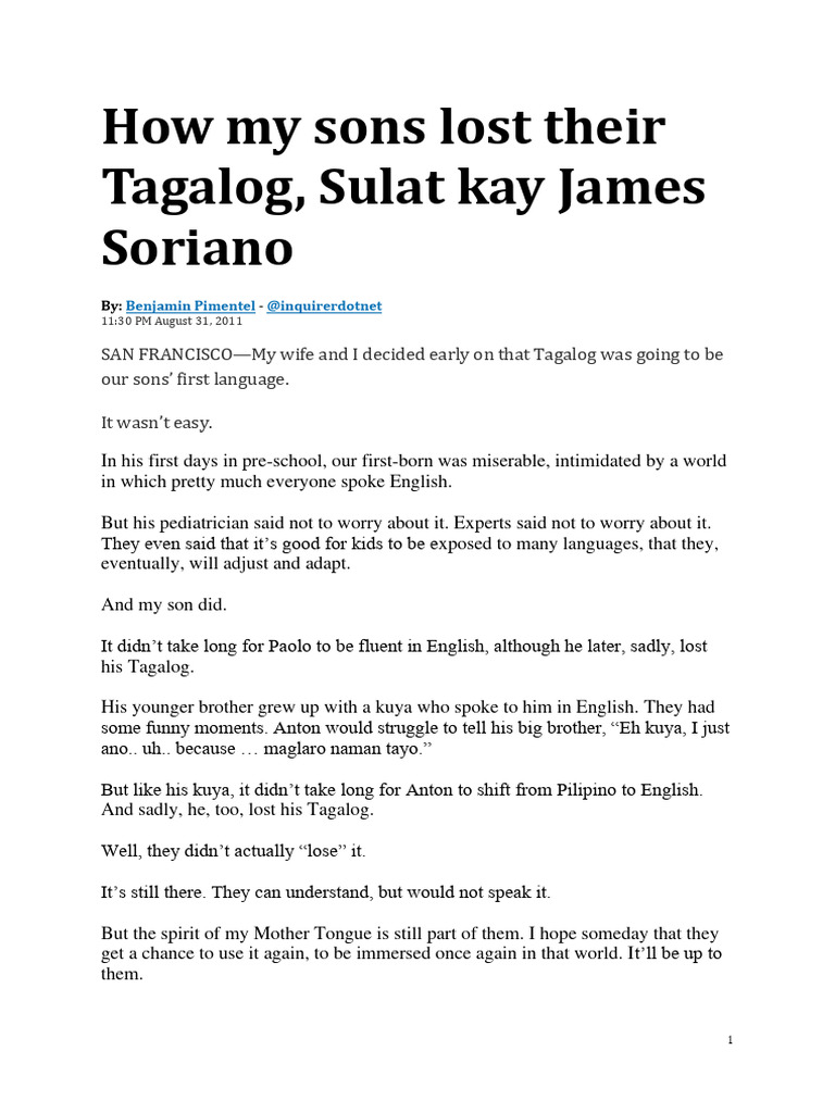 Pimentel, Benjamin. 2011. How My Sons Lost Their Tagalog Sulat Kay ...