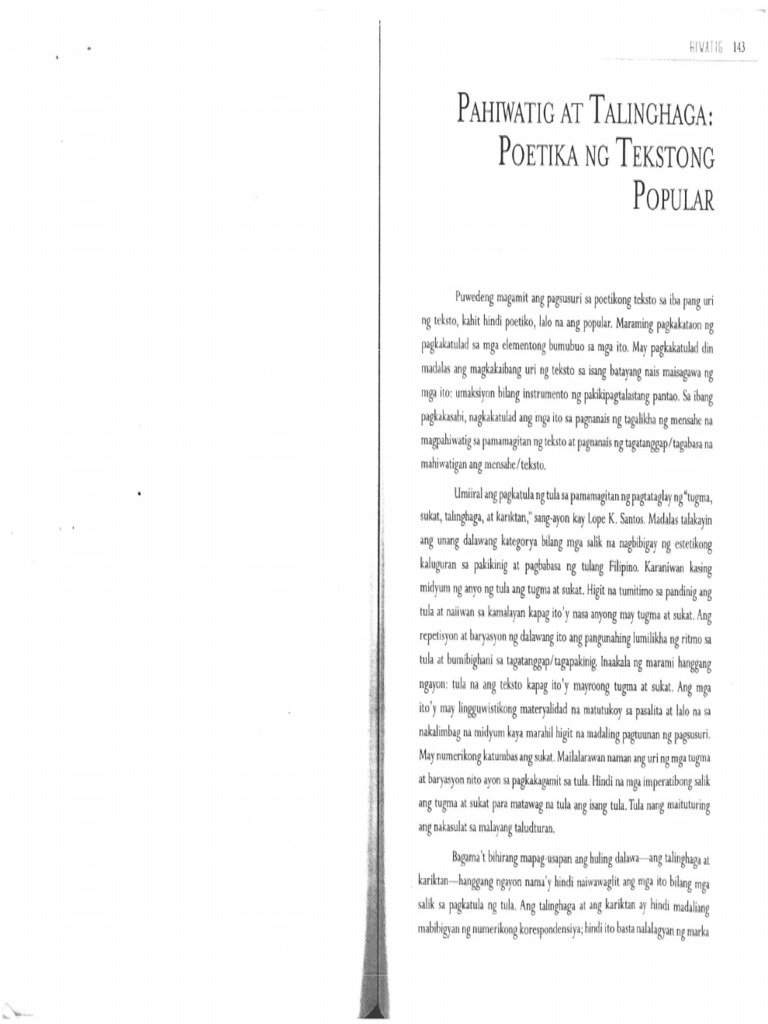 PAHIWATIG AT TALINGHAGA Romulo Baquiran JR | PDF