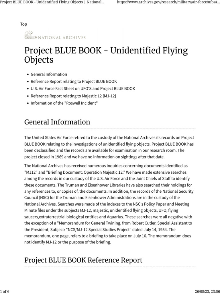 Project BLUE BOOK - Unidentified Flying Objects - National Archives | PDF | Unidentified Flying ...