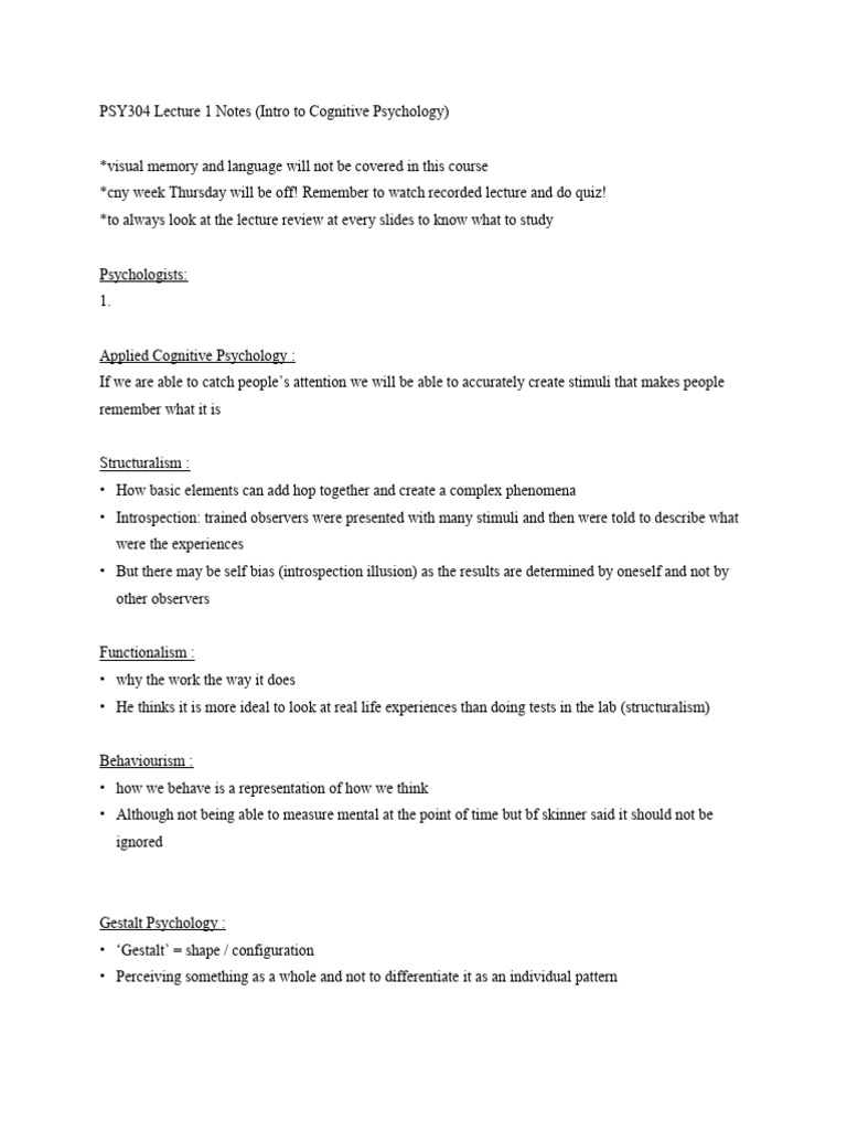 Lecture 1 Notes Pdf Psychology Brain