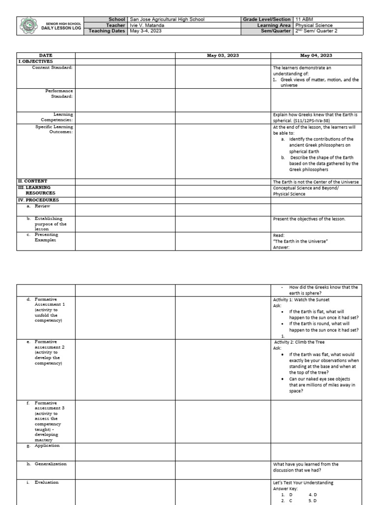 DLP in Physical Science-Q2 | PDF | Heliocentrism | Tycho Brahe